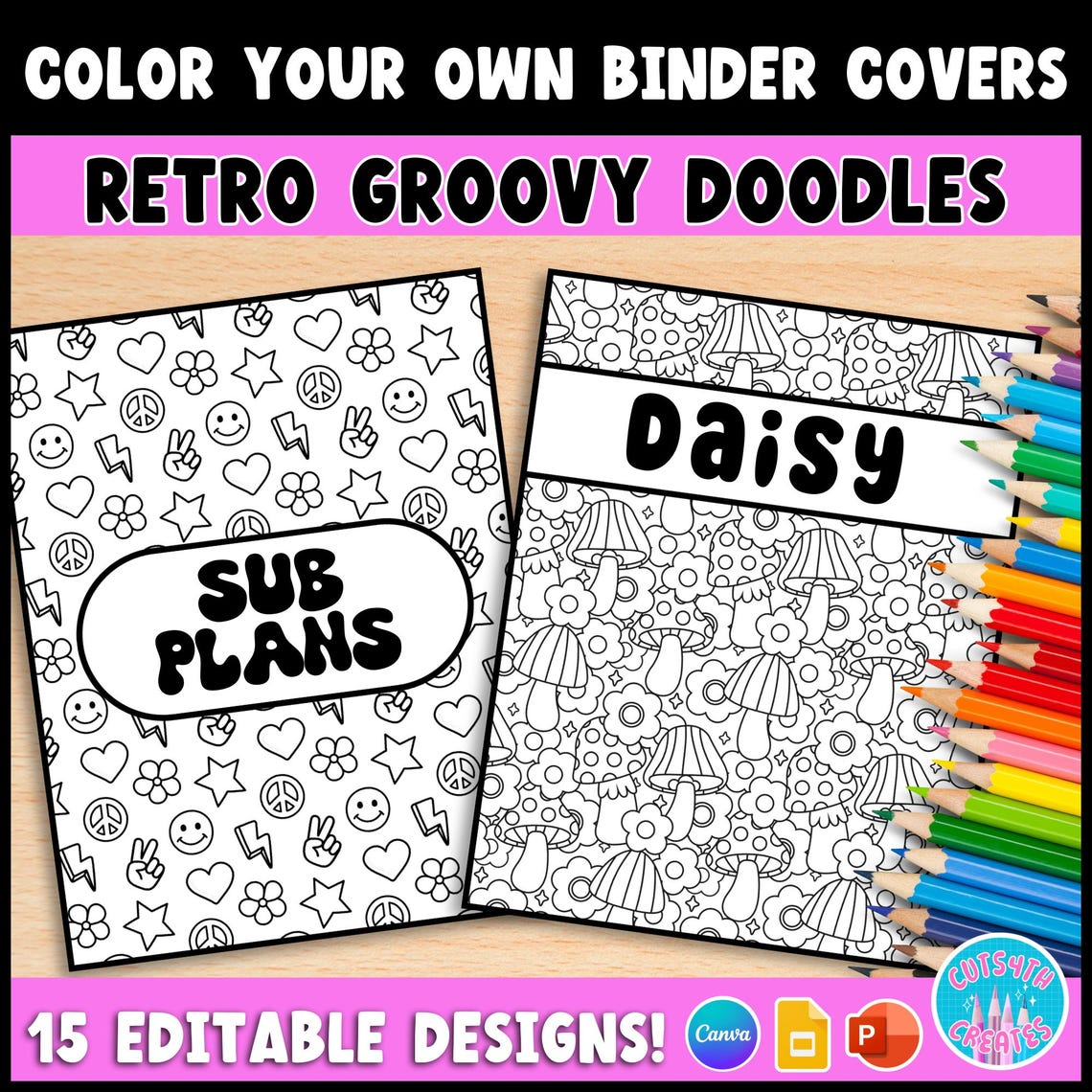 EDITABLE Binder Covers Retro Groovy Cute Doodle Pattern Coloring Pages ...