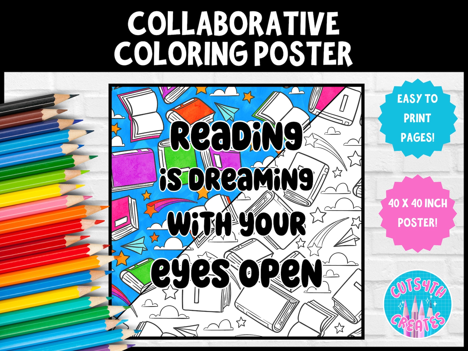 Collaborative Coloring Poster Bulletin Board Teamwork Activity "reading ...