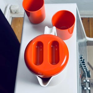 Vintage 70s Orange & White Plastic Pitcher Set: Pop Art Kitchen Decor ...