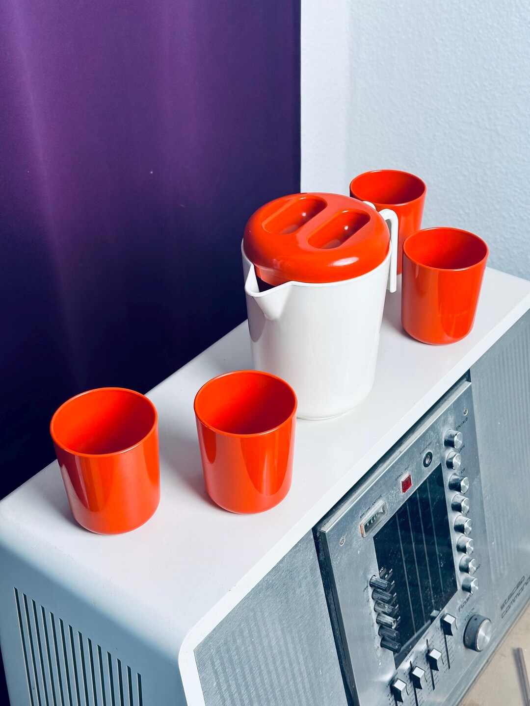 Vintage 70s Orange & White Plastic Pitcher Set: Pop Art Kitchen Decor ...