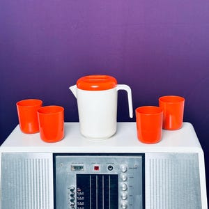 Vintage 70s Orange & White Plastic Pitcher Set: Pop Art Kitchen Decor ...