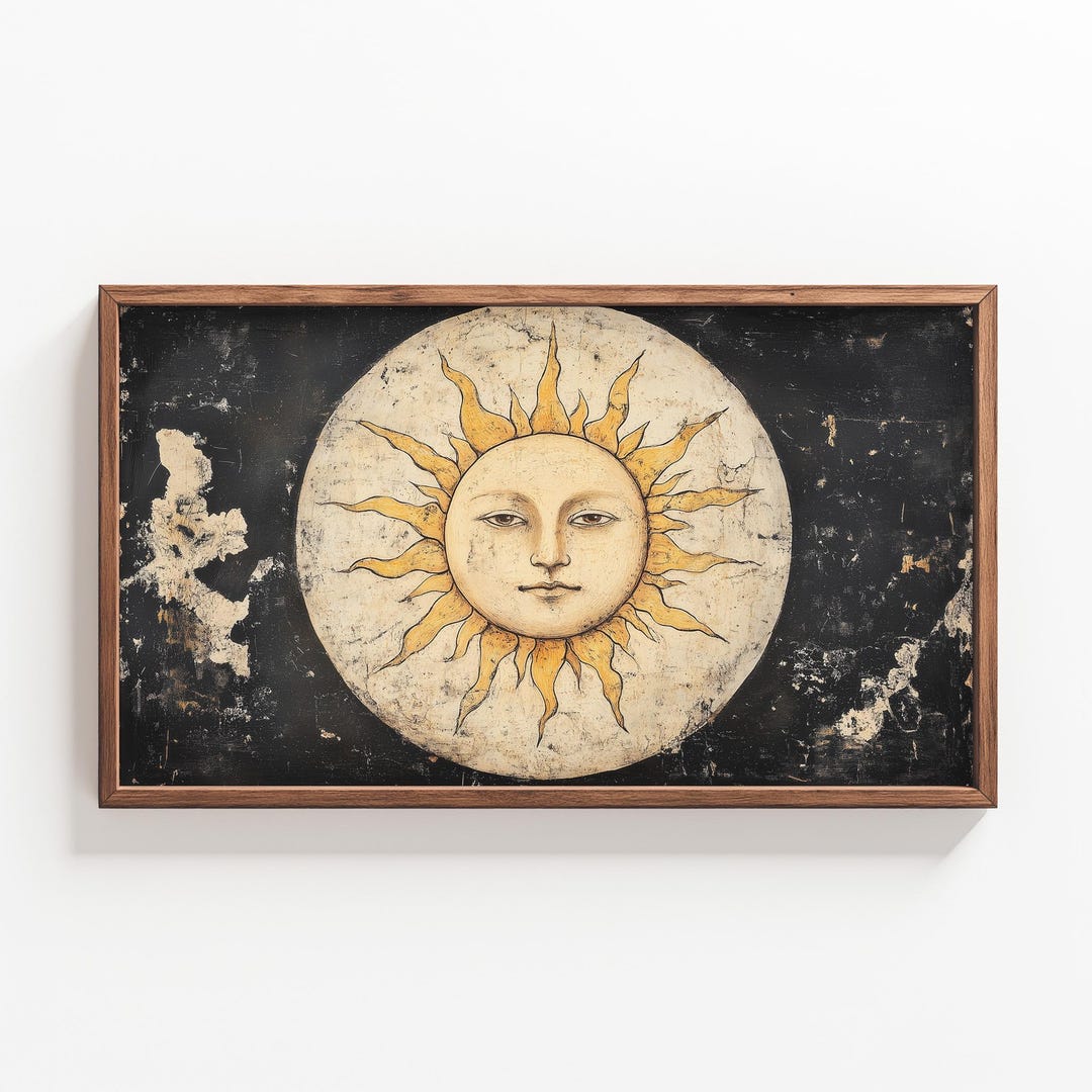 Rustic Celestial Sun Face Artwork | Vintage Distressed Design for ...