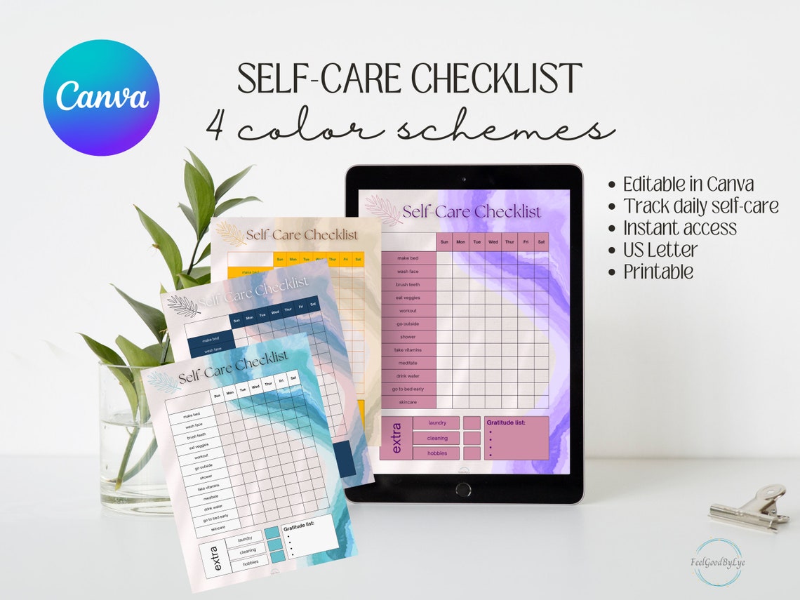 Digital Self-care Checklist Printable and Editable Instant - Etsy