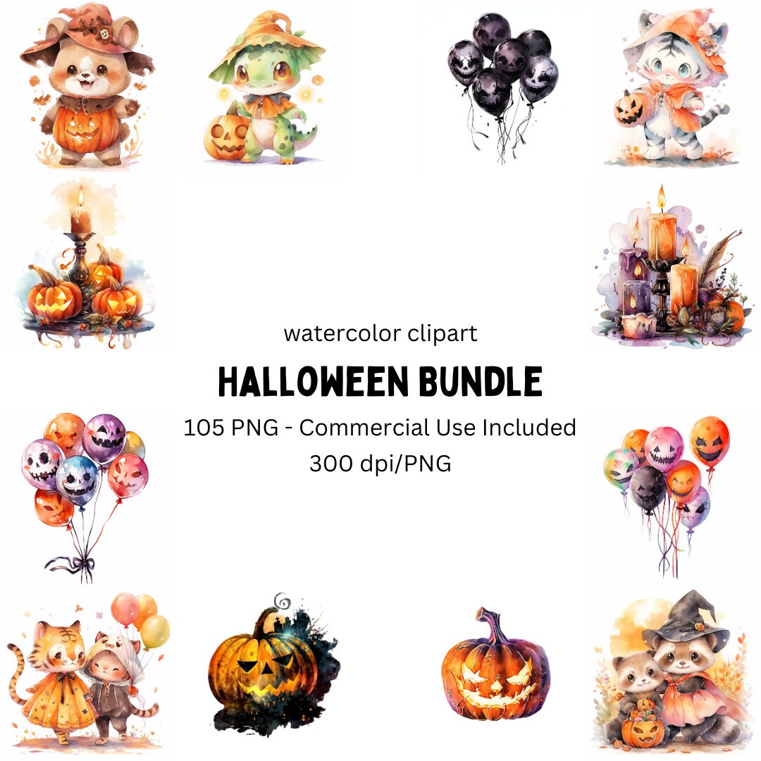 105 Halloween Clipart Bundle | Halloween Animal, Balloons, Candel ...