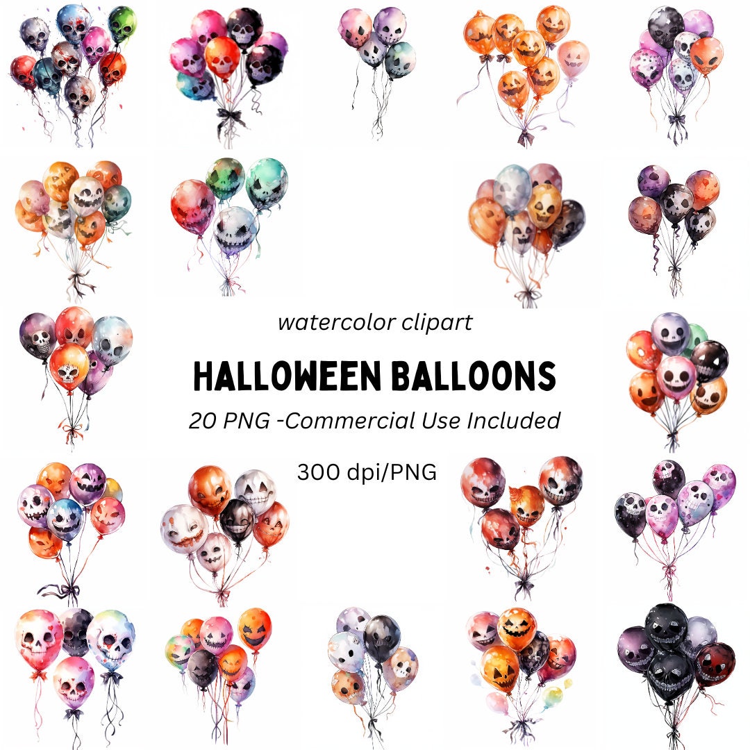 20 Spooky Halloween Balloons Clipart | Watercolor Balloons | Halloween ...