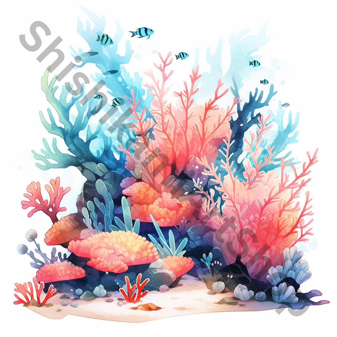 15 Coral Reefs Watercolor Clipart Under the Sea Sea Life Card Making ...