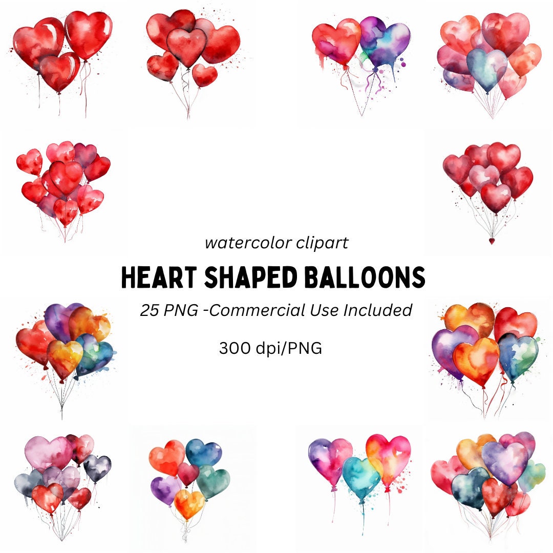 25 Heart Shaped Balloons Clipart | Watercolor Balloons | Valentine's ...