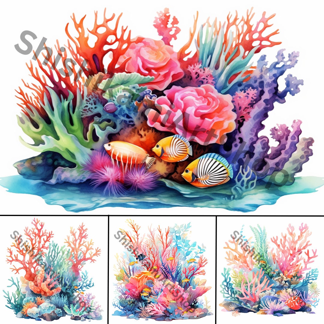 15 Coral Reefs Watercolor Clipart Under the Sea Sea Life Card Making ...
