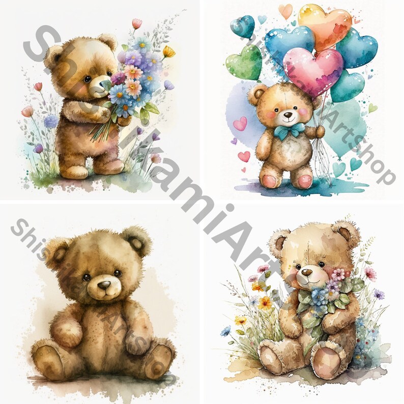 10 Cute Teddy Bear Clipart Teddy Bear With Balloons and Flowers Digital ...