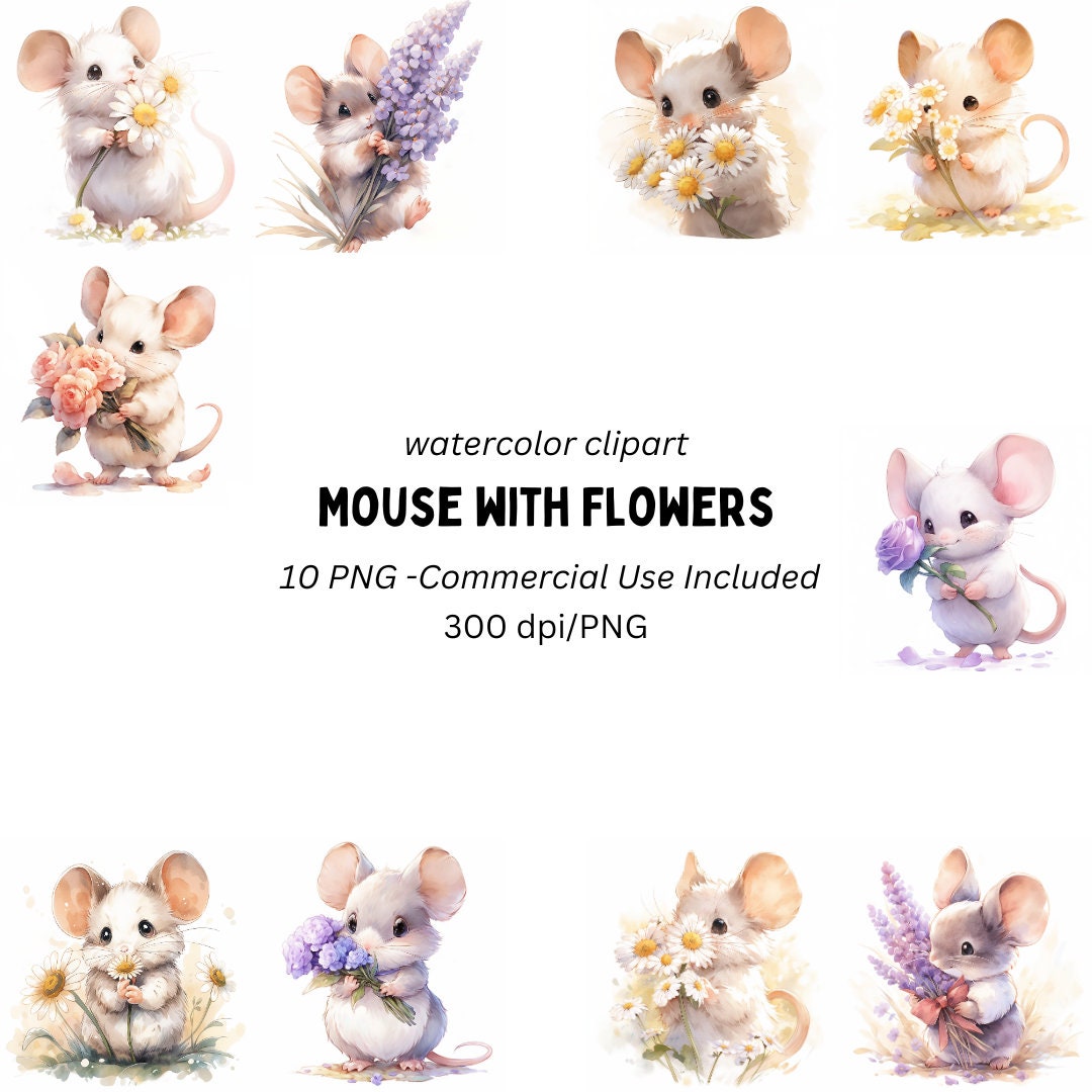 10 Cute Mouse With Flower Clipart | Mouse With Rose, Lupine and Daisy ...