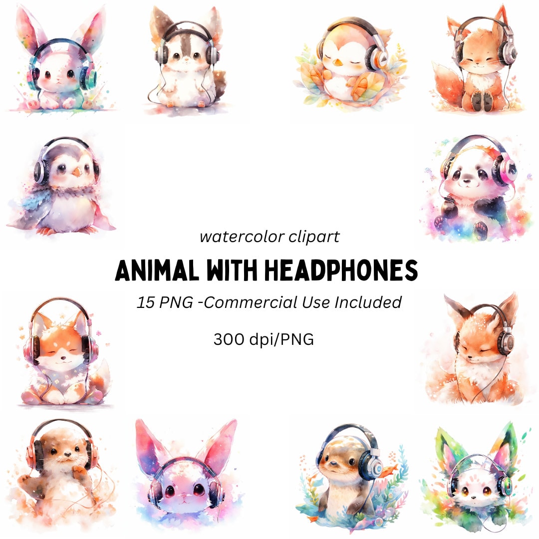 10 Cute Animal With Headphones Clipart | Watercolor Animal | Cute ...