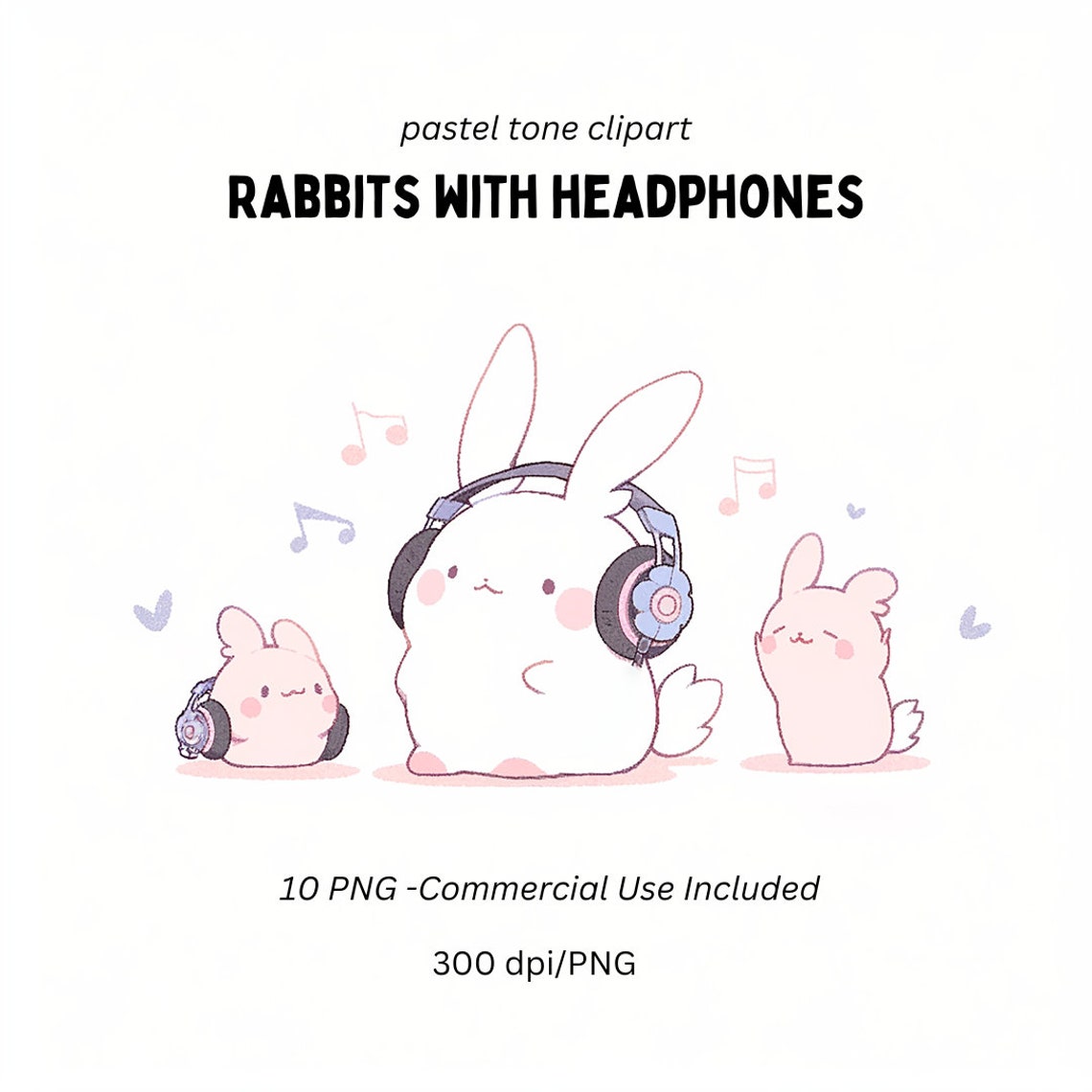 10cute Rabbits With Headphones Clipart | Pastel Color Clipart| Cute ...