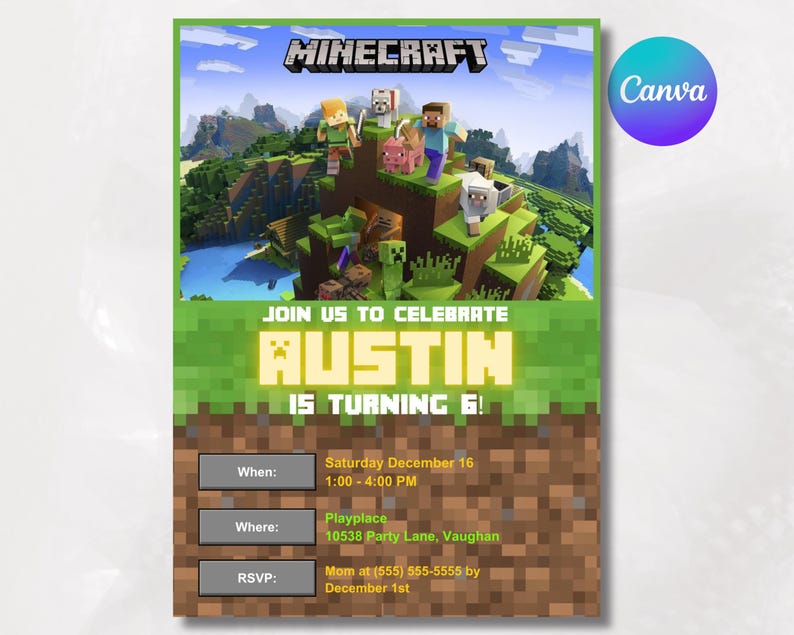 Minecraft Birthday Invitation, Gamer Birthday Invite, Minecrafter ...