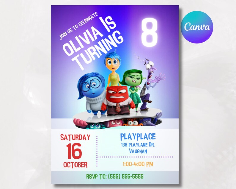 Plantilla de invitación de cumpleaños editable Inside Out 2 ...