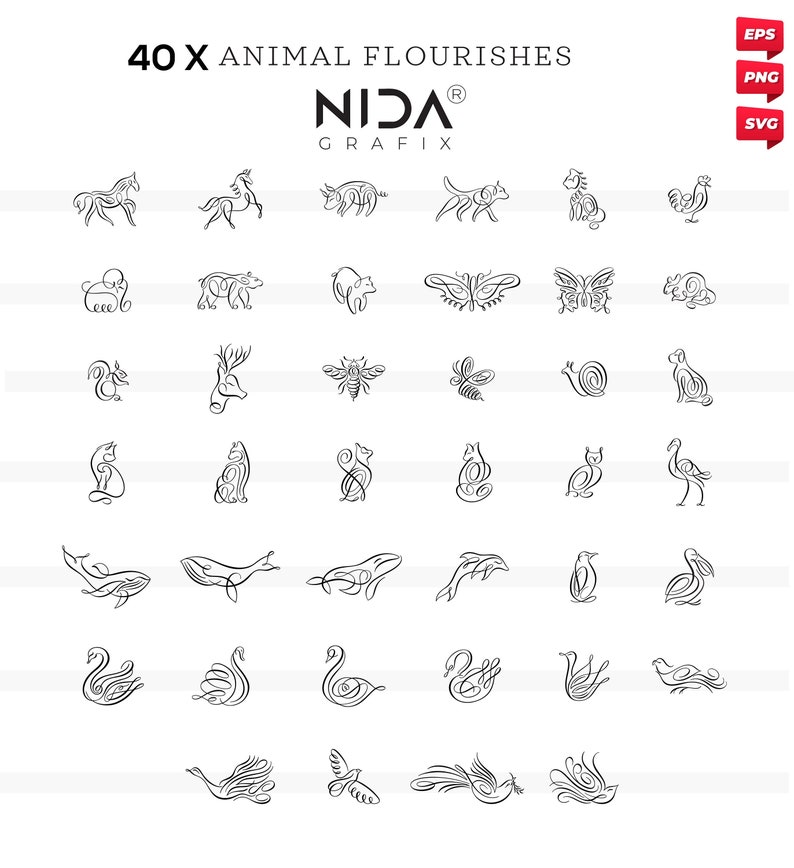 40x Animal Flourish Vector Illustrations Instant Digital Download PNG ...