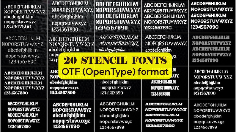 20 Stencil Font OTF (open Type) Format Developed by Microsoft and Adobe / Stencil Alphabet, Army ...