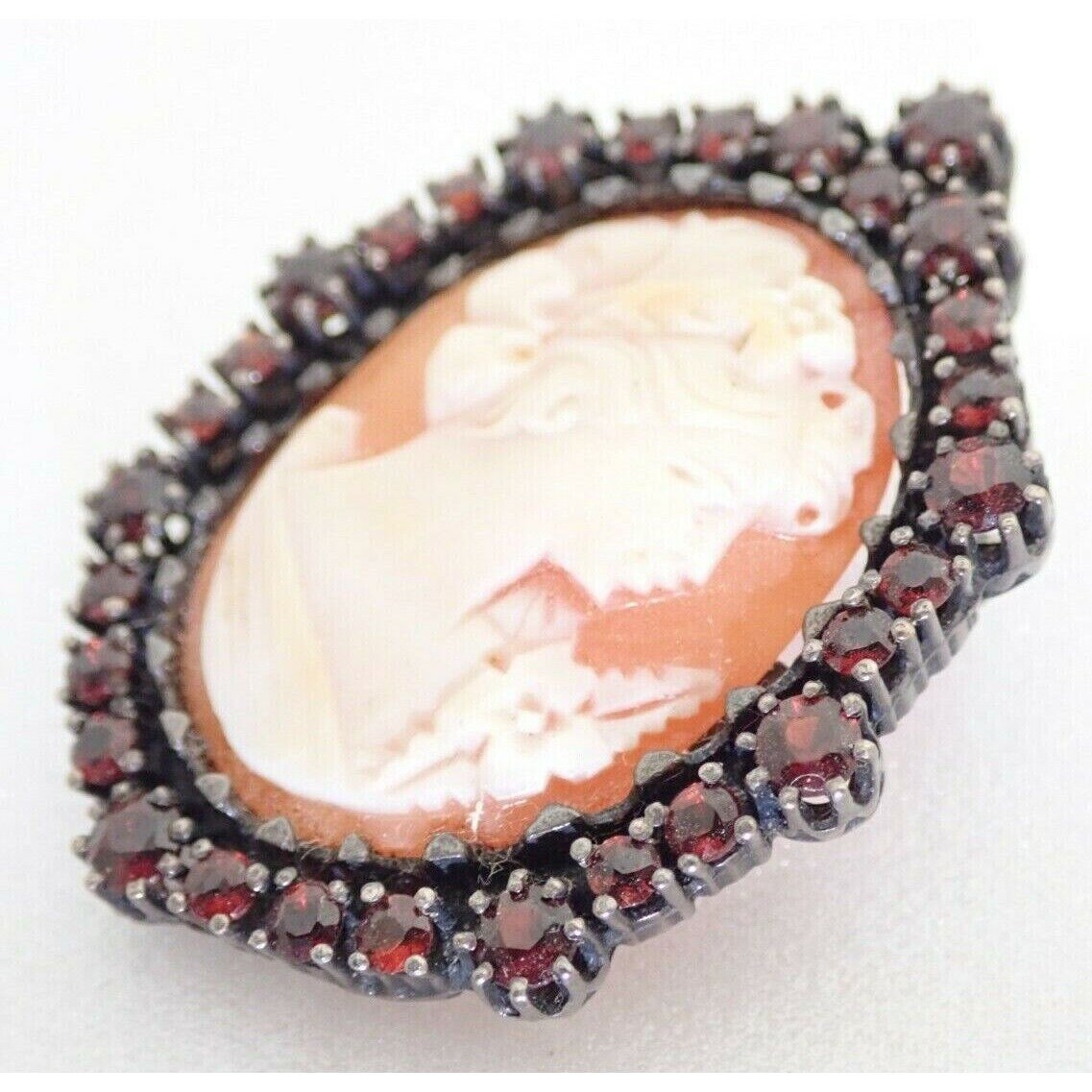 Vintage Carved Cameo Shell Garnet Gemstone Sterling Silver Brooch Pin ...