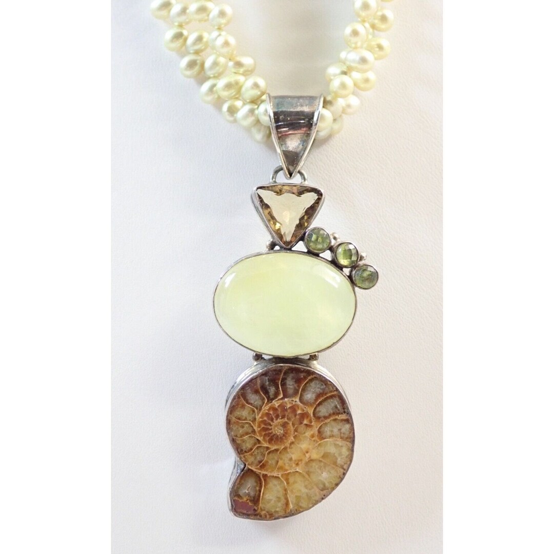 Vintage Ammonite Fossil Quartz Gemstone Pearl Sterling Silver Pendant ...