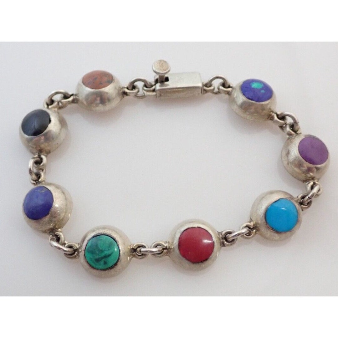 Vintage Mexico Multi Stone Red Coral Turquoise Link Sterling 7 3/8 ...