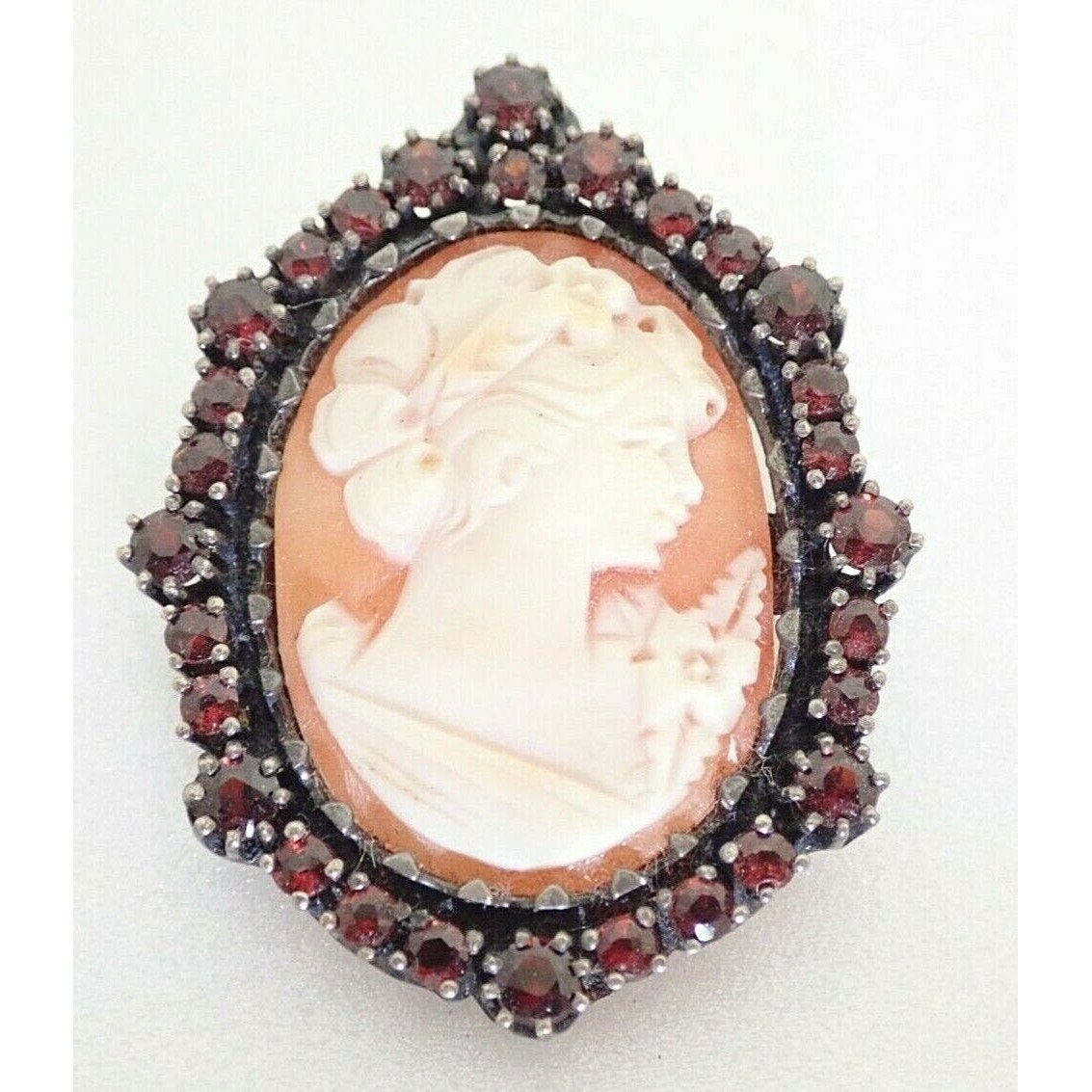 Vintage Carved Cameo Shell Garnet Gemstone Sterling Silver Brooch Pin ...