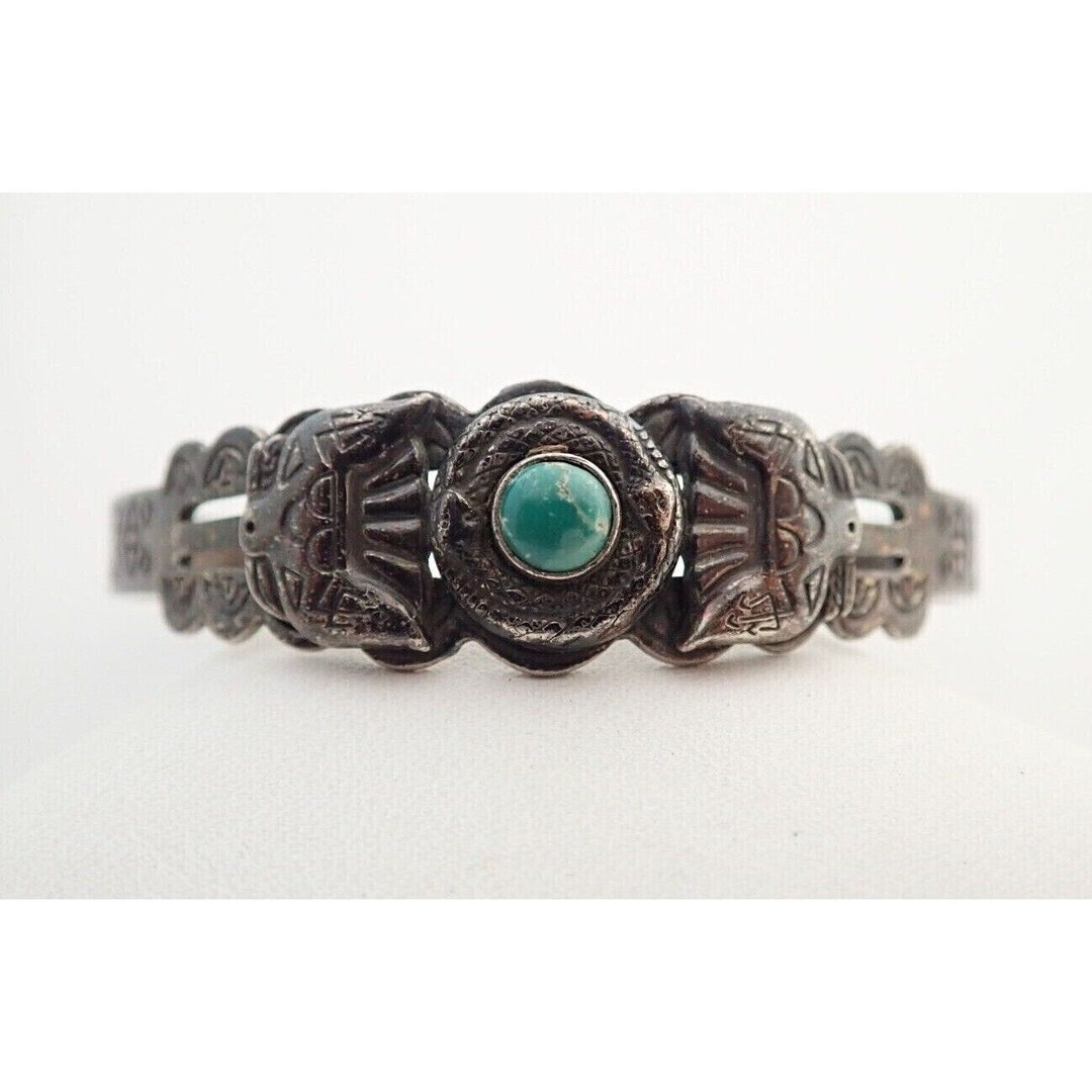 Navajo Fred Harvey Era Green Turquoise Snake Thunderbird Sterling Cuff ...