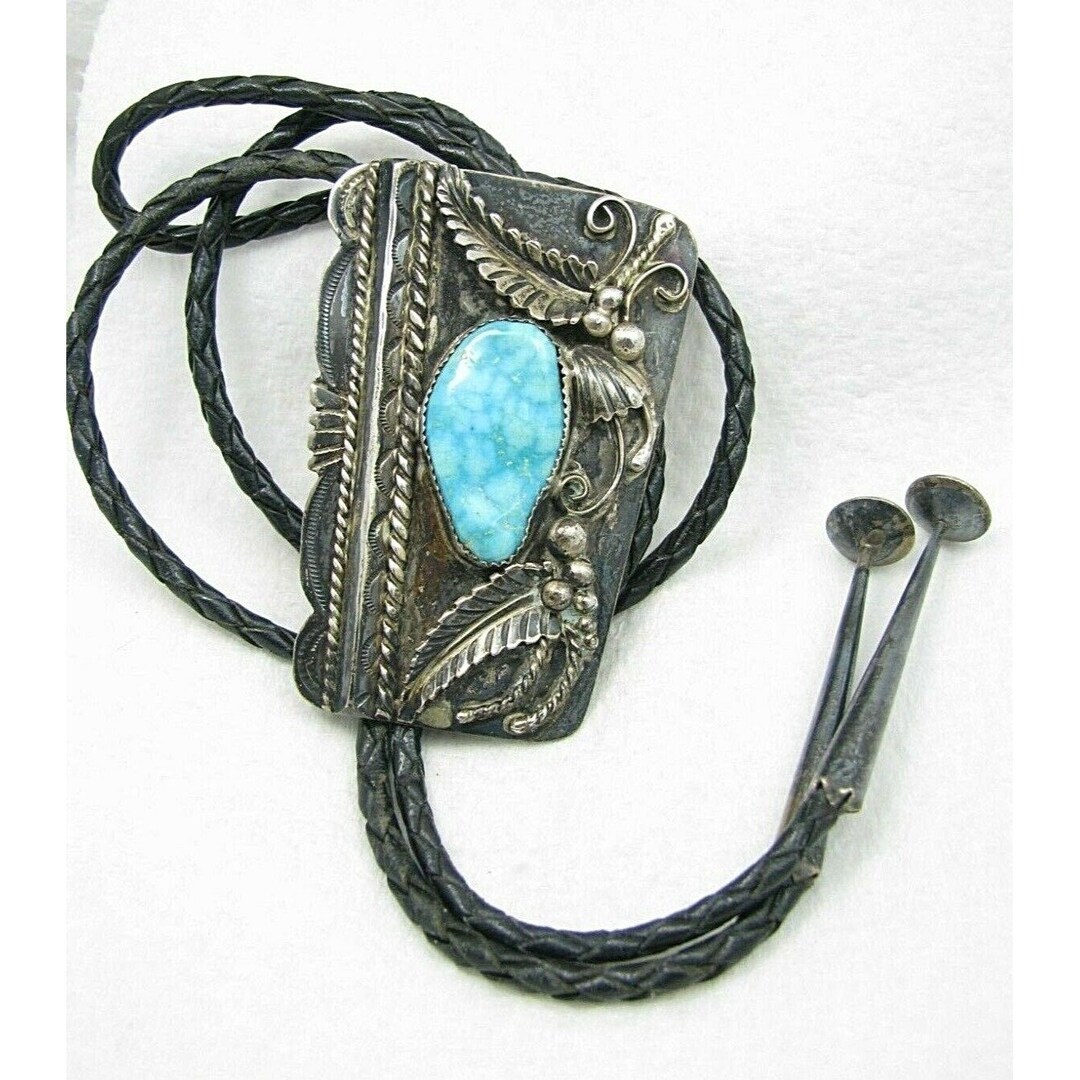 Vtg Navajo Signed A BENALLY Spiderweb #8 Turquoise Sterling Bolo Tie ...