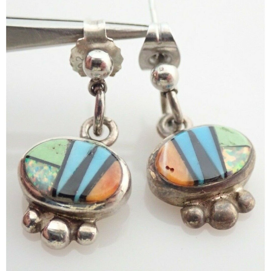 Vintage ZUNI Opal Turquoise Spiny Oyster Inlay Sterling Silver Dangle ...