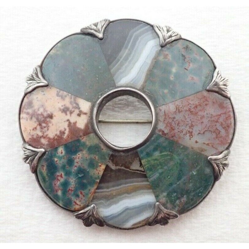 Antique Scottish Agate Multi Stone Inlay Bloodstone Silver 2" Brooch ...