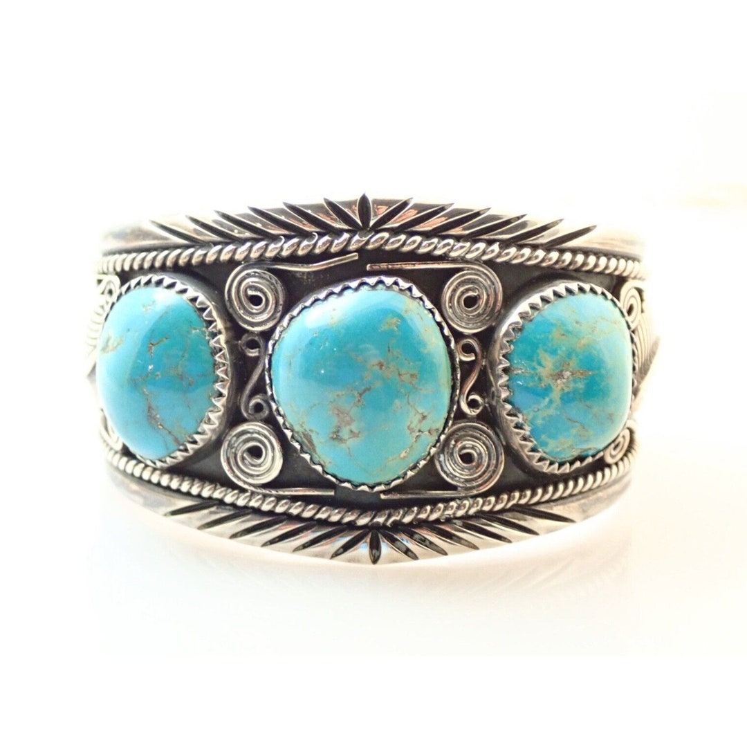 Vintage Signed JA Picto Navajo 3 Stone Turquoise Sterling Cuff Bracelet ...