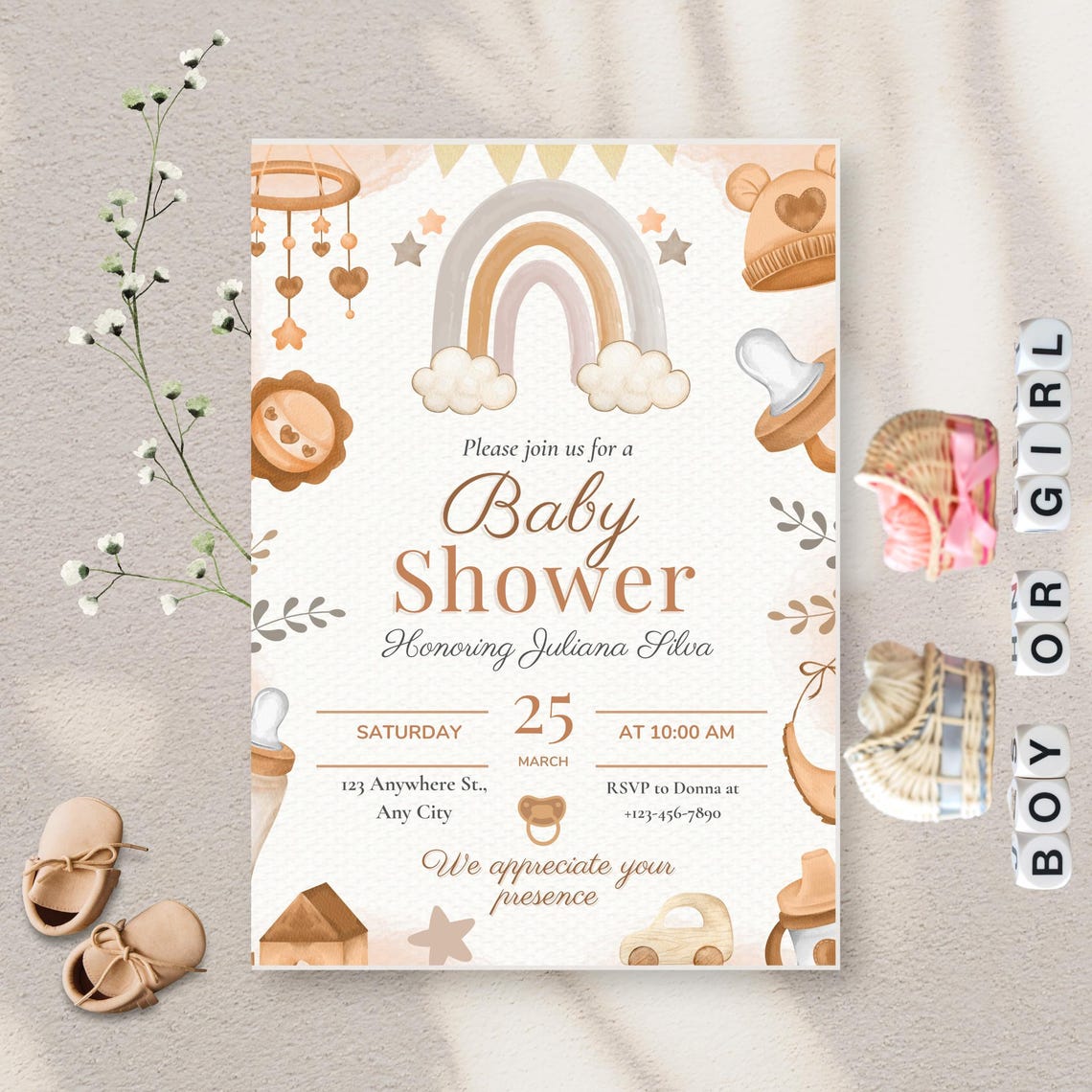 EDITABLE Brown Baby Shower Invitation, Baby in Bloom Shower Invitation ...