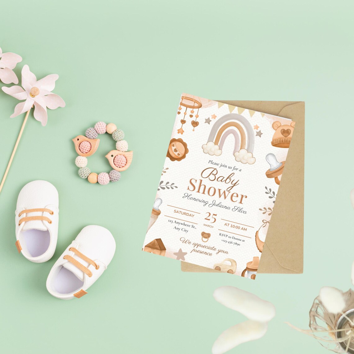 EDITABLE Brown Baby Shower Invitation, Baby in Bloom Shower Invitation ...