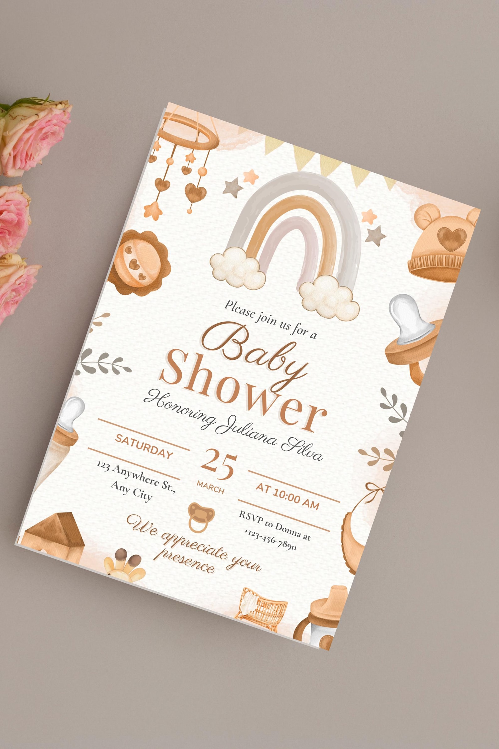 EDITABLE Brown Baby Shower Invitation, Baby in Bloom Shower Invitation ...