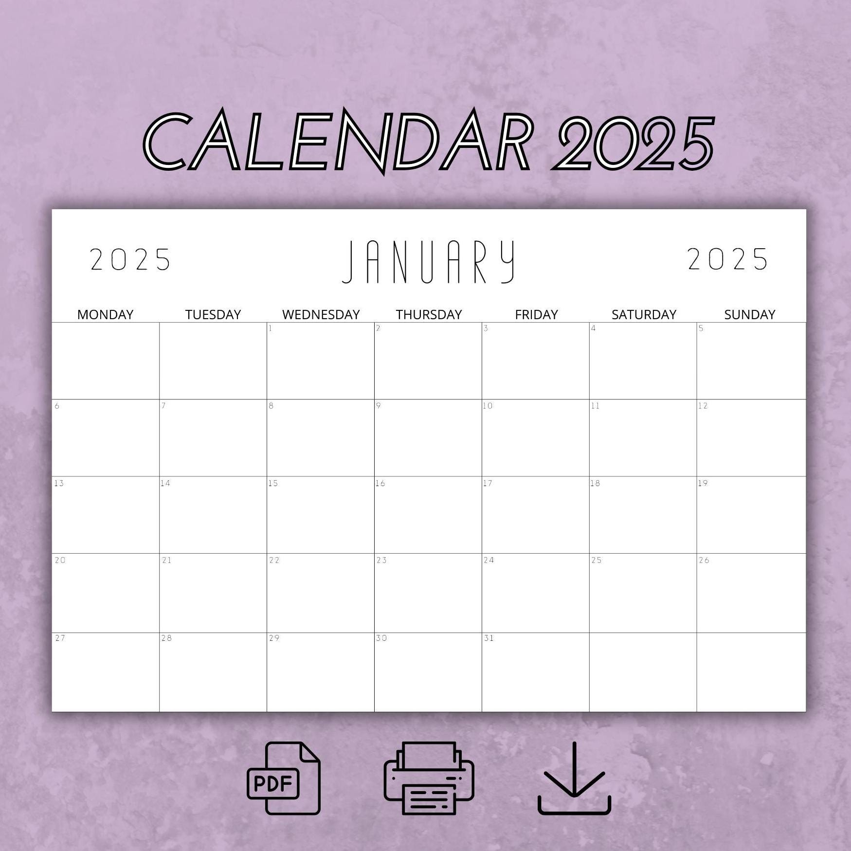 2025 Horizontal Digital Calendar Printable Simple Planner Monthly ...