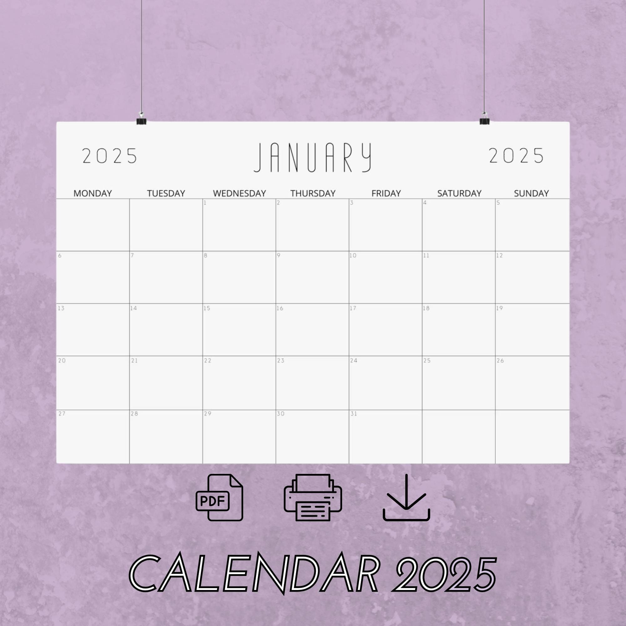 2025 Horizontal Digital Calendar Printable Simple Planner Monthly ...