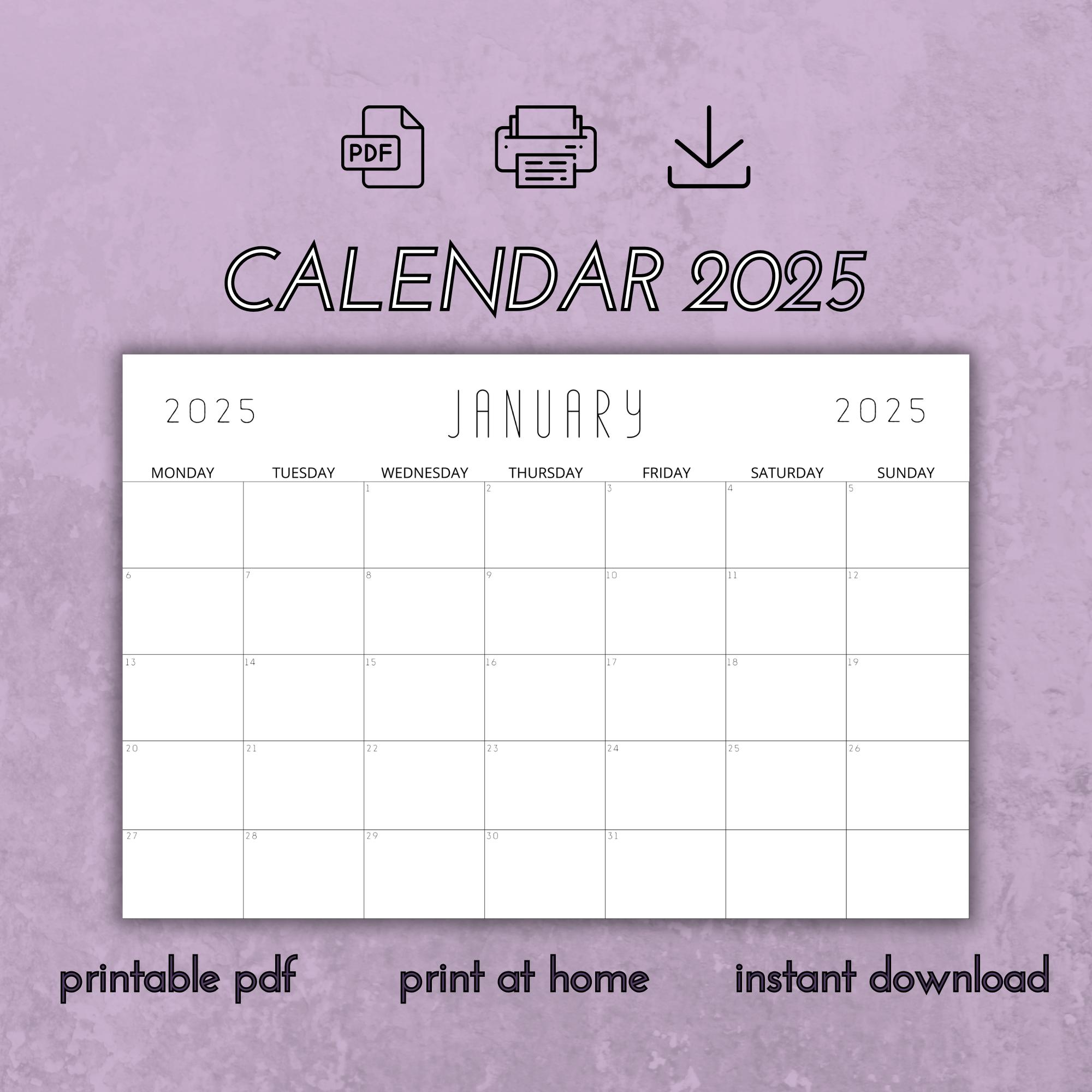 2025 Horizontal Digital Calendar Printable Simple Planner Monthly ...