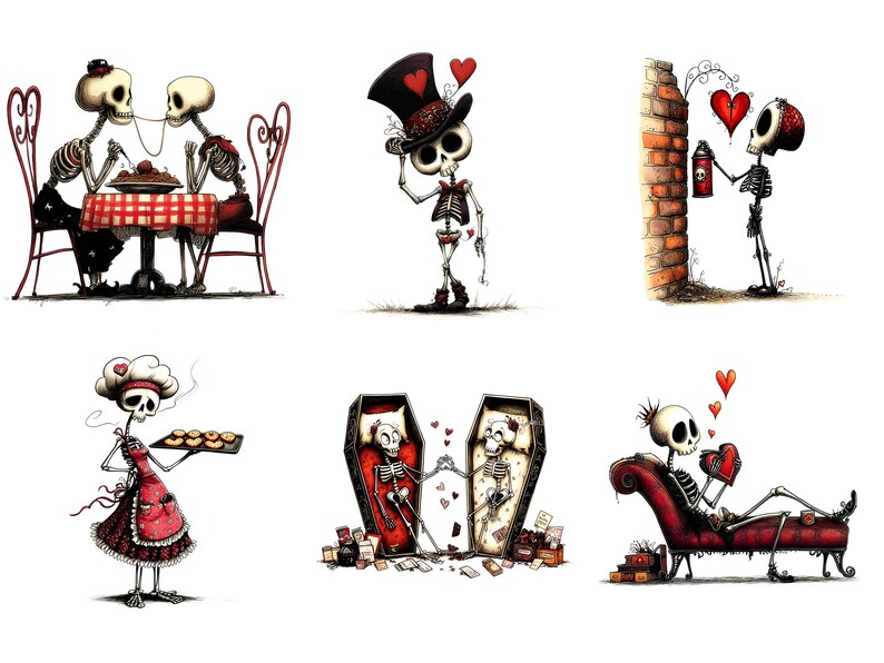 Gothic Valentine Skeleton Clipart Bundle, Skull PNG, Commercial Use - Etsy