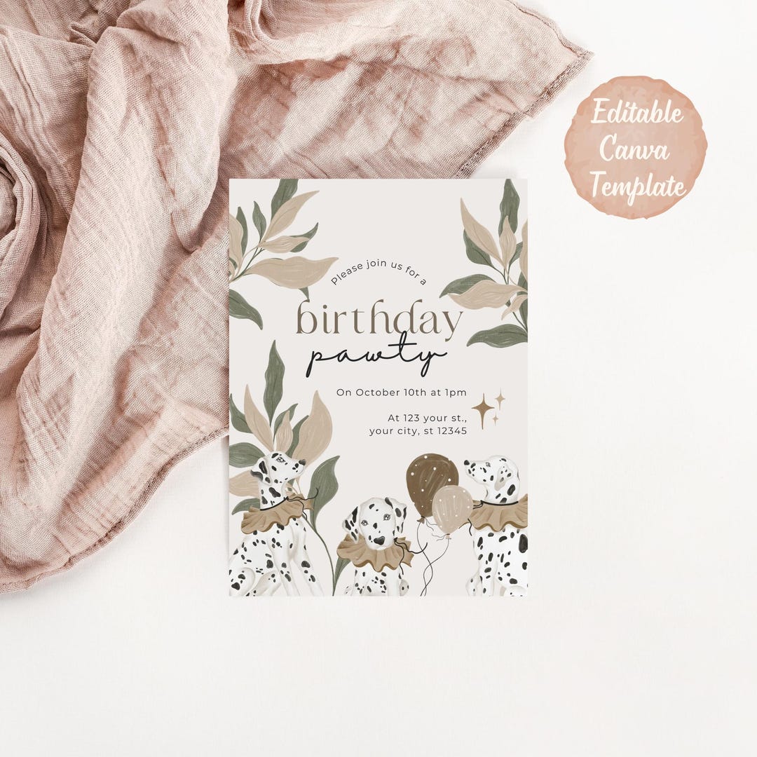 Boho Dalmatian Puppy Paw-ty Invitation | Editable Dog-themed Birthday ...