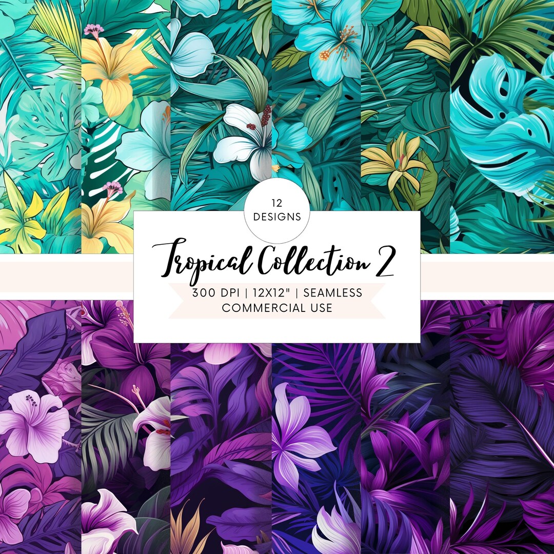 SEAMLESS PATTERN 12 Digital Papers -tropical Leaves and Flowers Instant ...