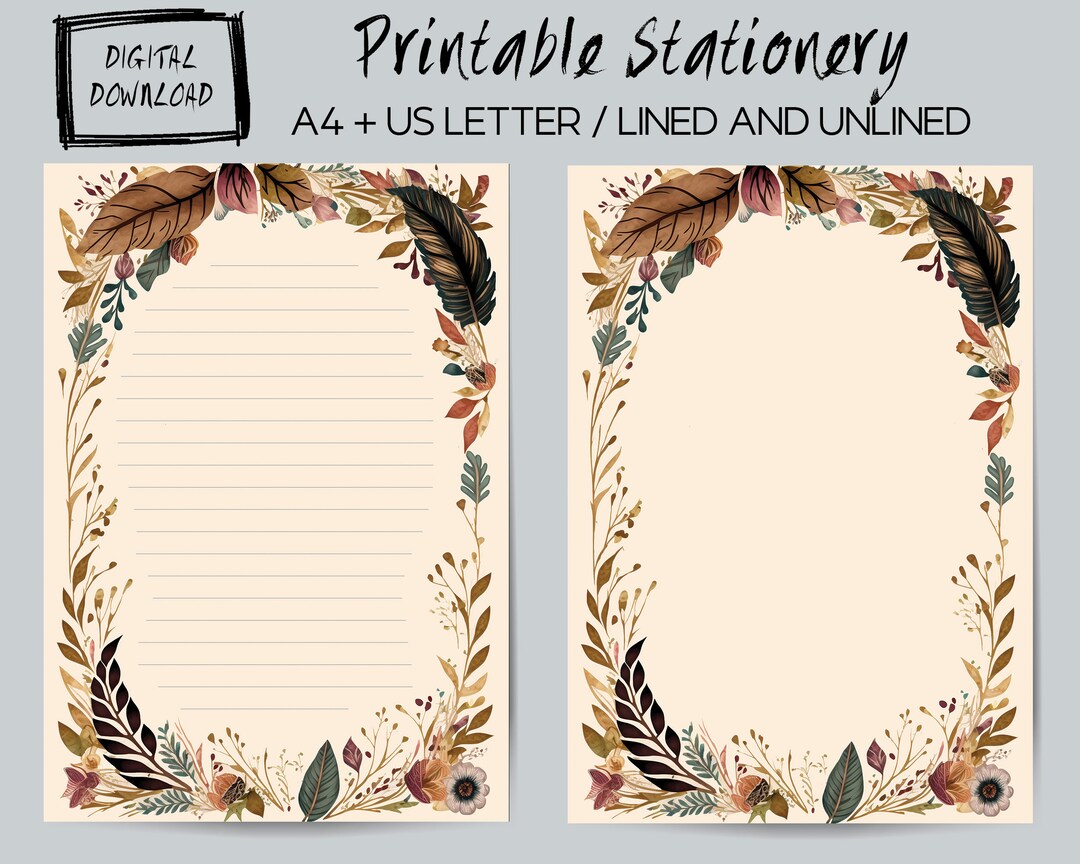 Printable Stationery Papers, Digital Download Boho Floral A4 & US ...