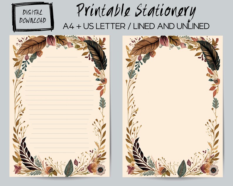 Printable Stationery Papers, Digital Download Boho Floral A4 & US ...