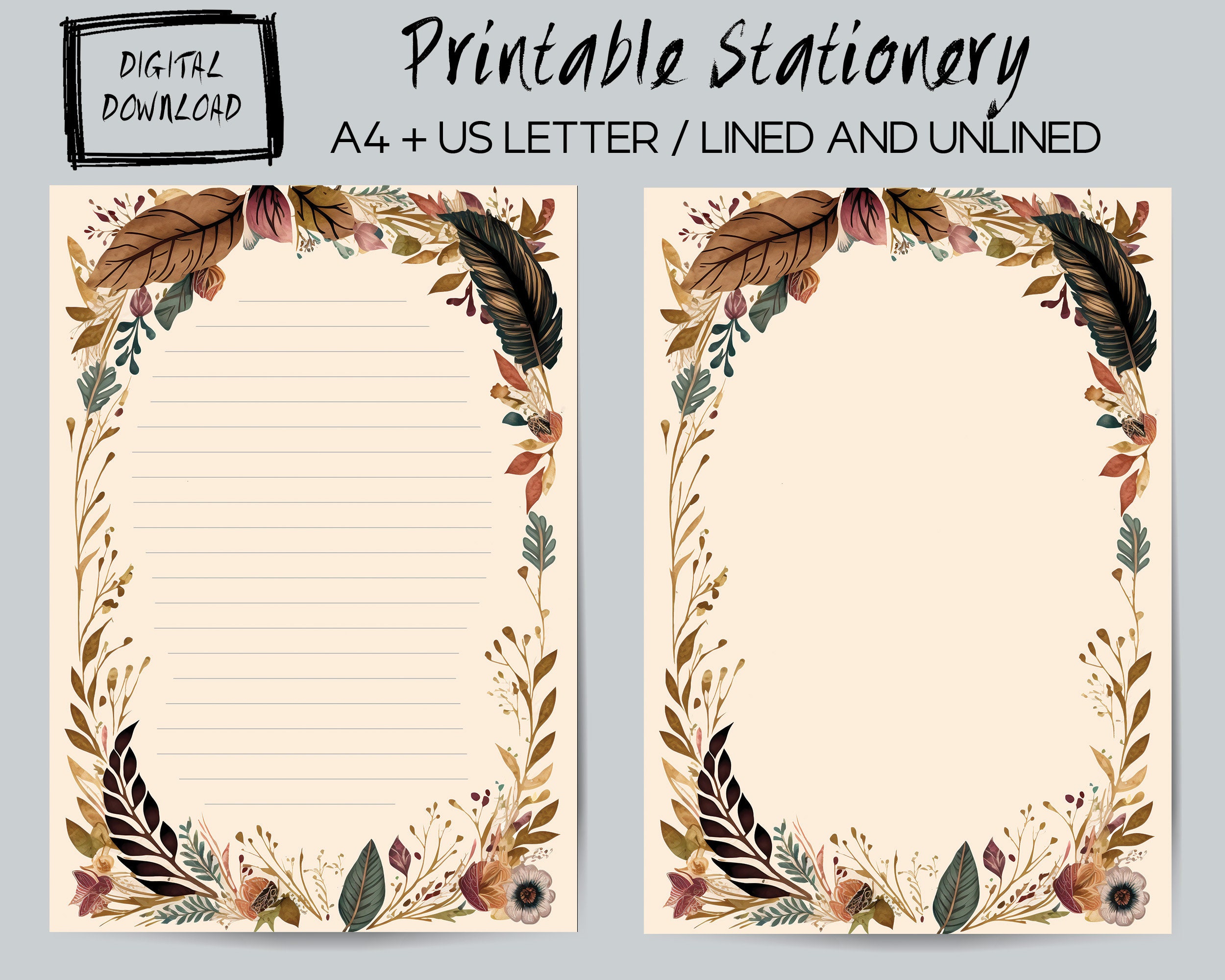 Printable Stationery Papers, Digital Download Boho Floral A4 & US ...