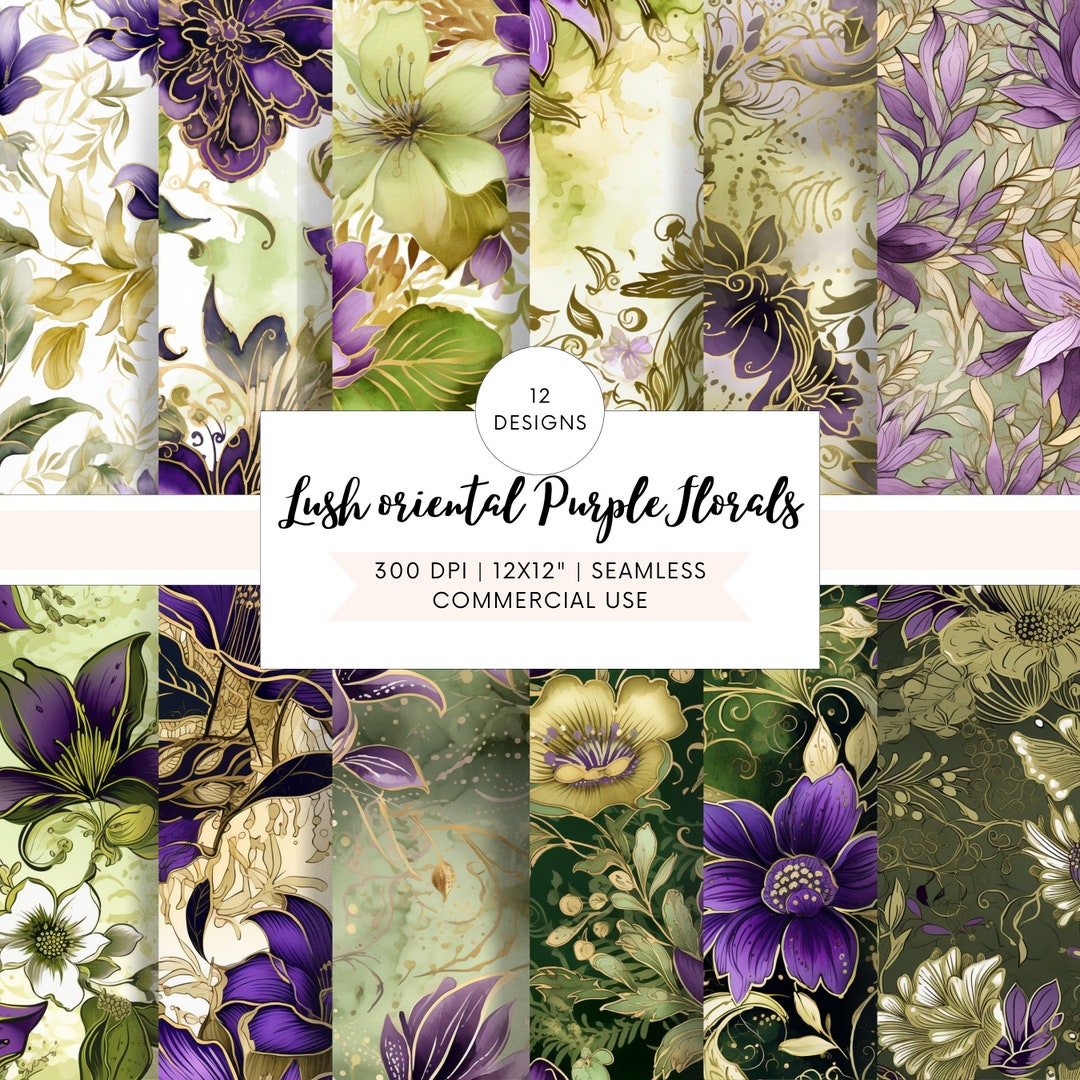 SEAMLESS PATTERN 12 Digital Papers- Oriental Asian Flowers Purple Green ...