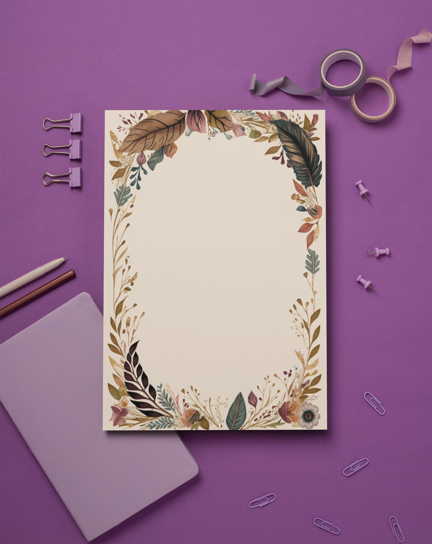 Printable Stationery Papers, Digital Download Boho Floral A4 & US ...