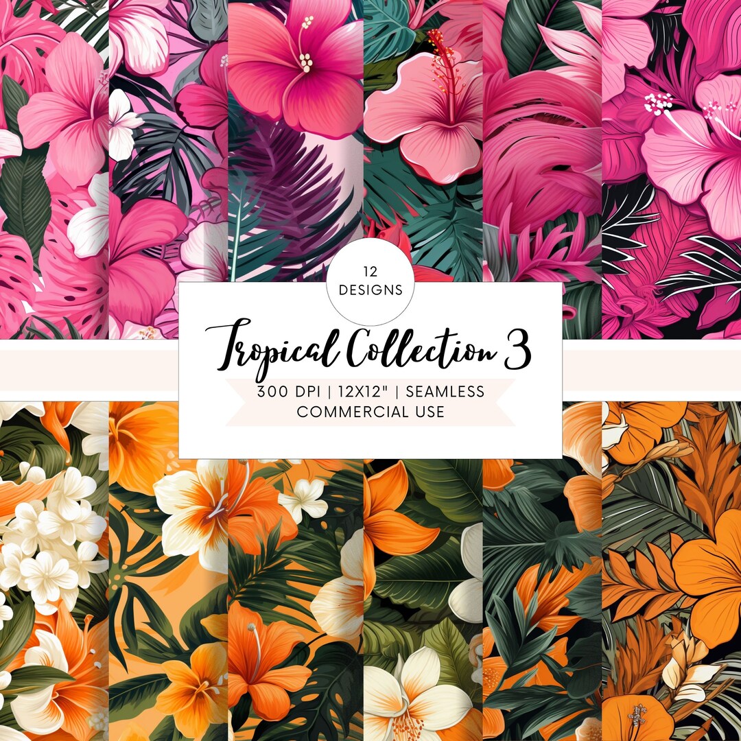 SEAMLESS PATTERN 12 Digital Papers - Tropical Pink Orange Hawaiian ...