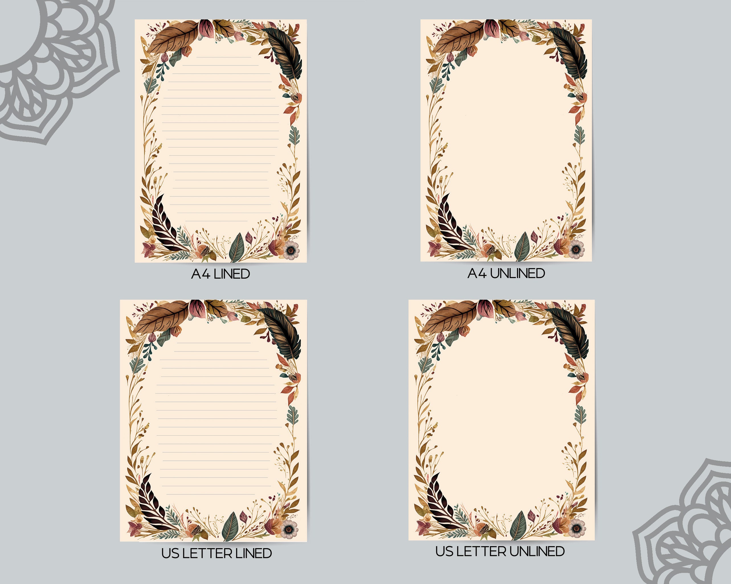 Printable Stationery Papers, Digital Download Boho Floral A4 & US ...