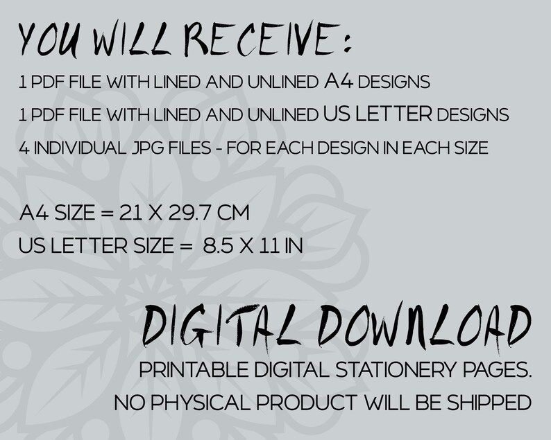 Printable Stationery Papers, Digital Download Boho Floral A4 & US ...
