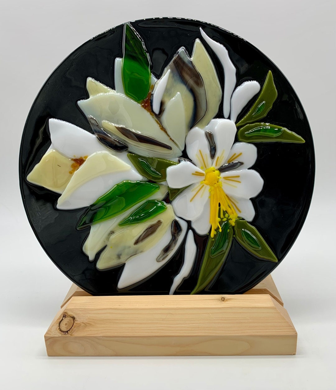 Fused Glass Magnolia Art: 9-inch Circle, Black Background - Etsy