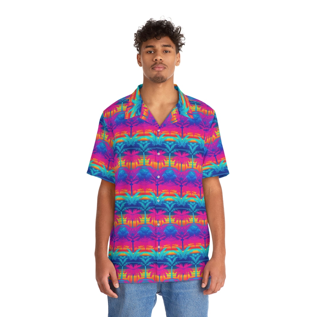 Vibrant Bright Neon Pink and Blue Retro Styled Men's Hawaiian Shirt ...