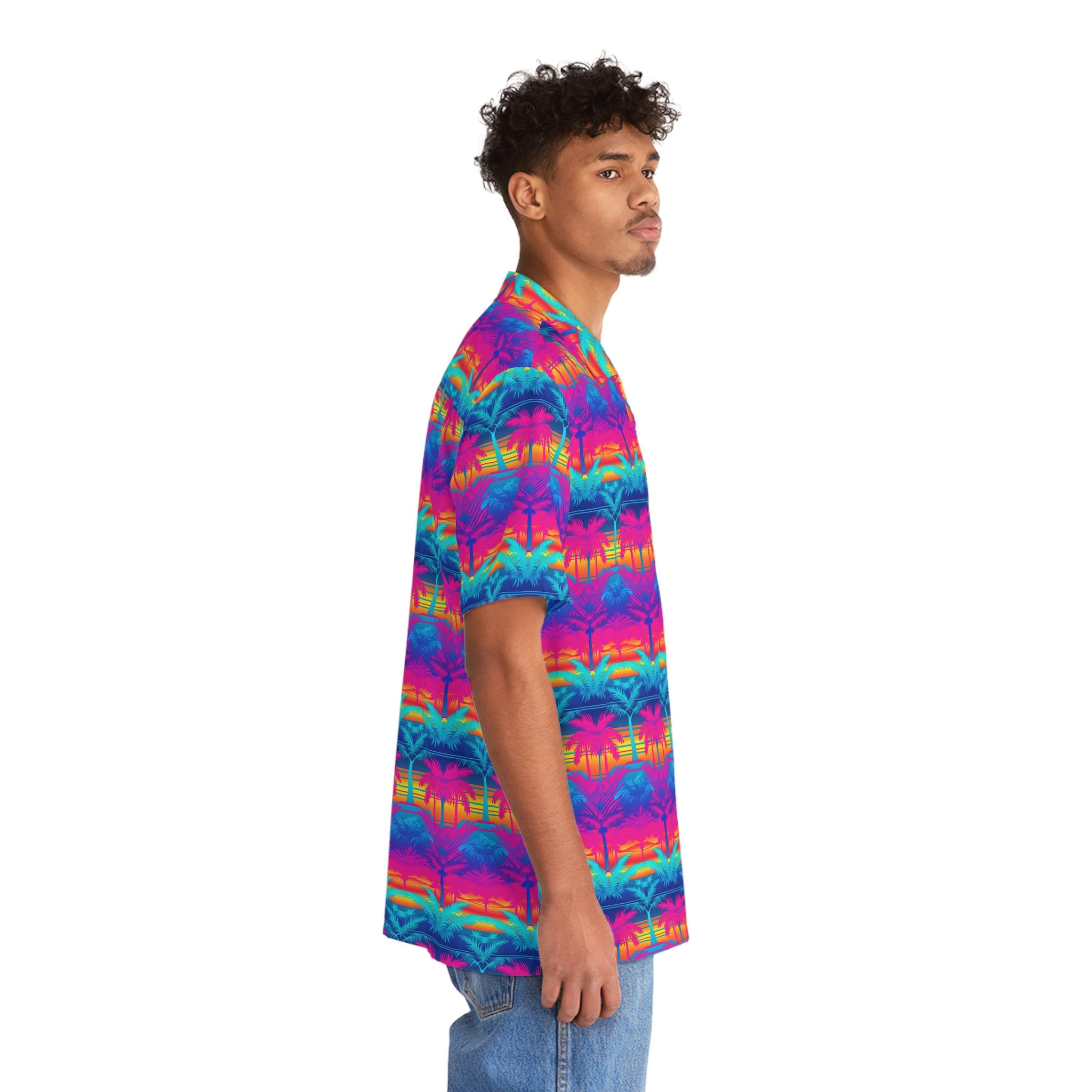 Vibrant Bright Neon Pink and Blue Retro Styled Men's Hawaiian Shirt ...