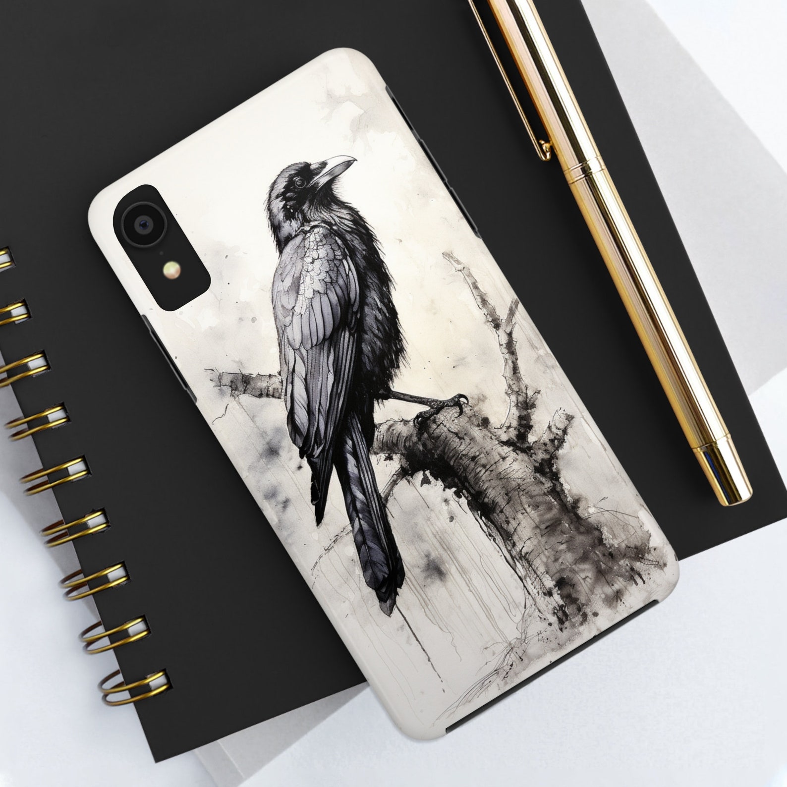 Wet Ink Profile Drawing, Crow, Black Ink, White Background, Bird Phone ...